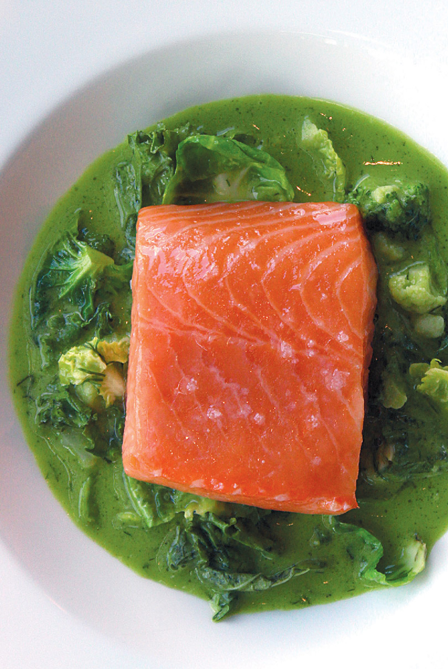 Slow Cooked Salmon with Light Fricassee of Vegetables and Crushed Basil